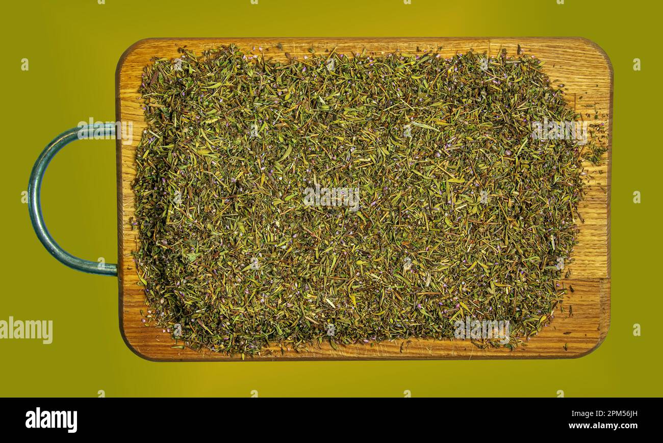 Thyme dry herb texture background. Latin name Thymus vulgaris L. Medicinal herbs. The concept of ...