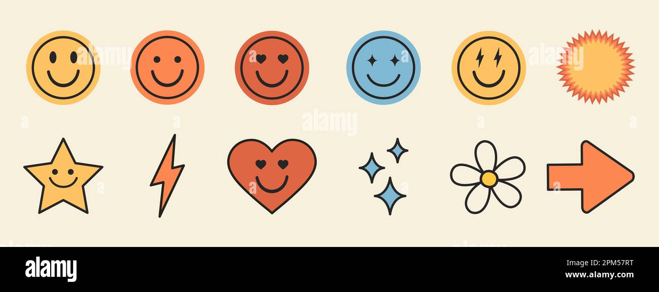Cool Trendy Retro Stickers Collection. Set of Funny Character Emoticons ...
