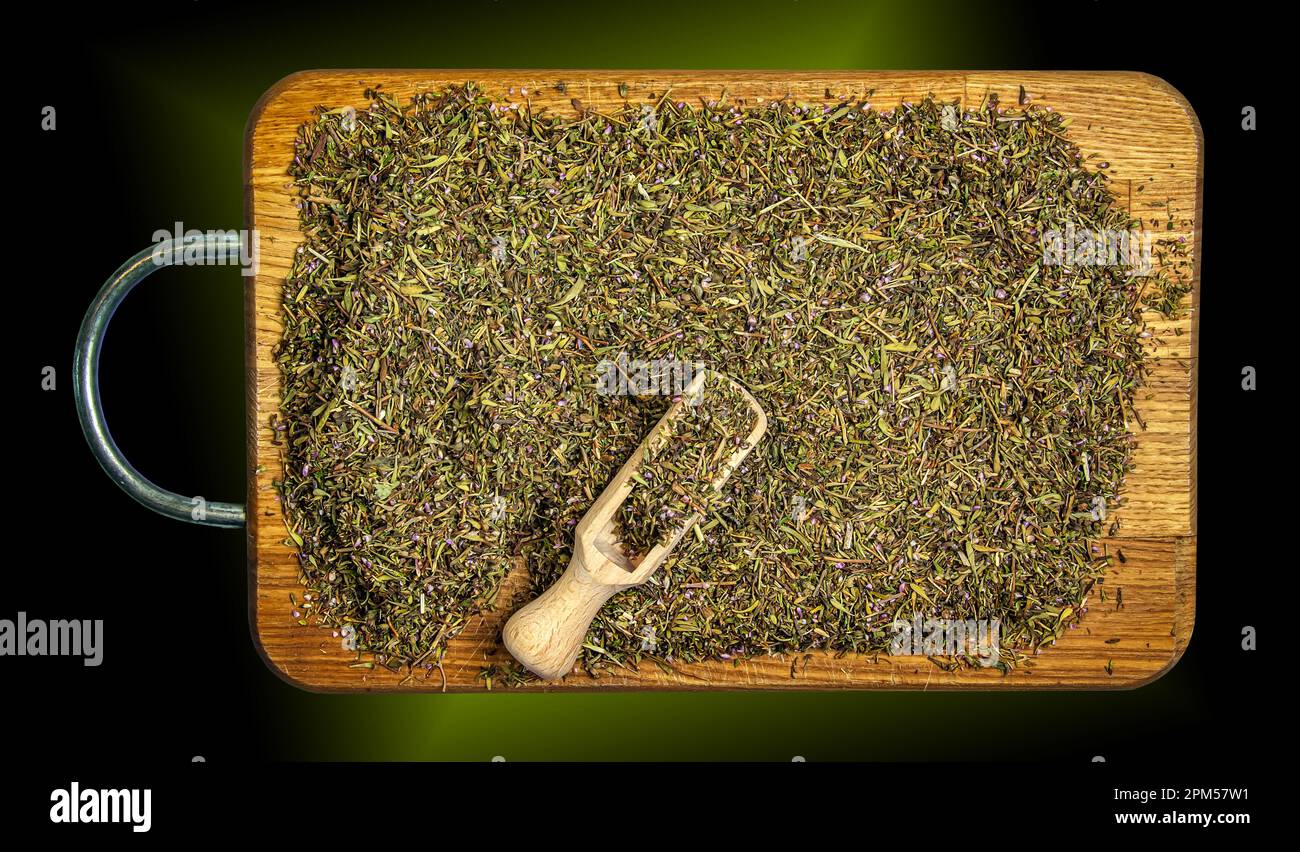 Thyme dry herb texture background. Latin name Thymus vulgaris L. Medicinal herbs. The concept of ...