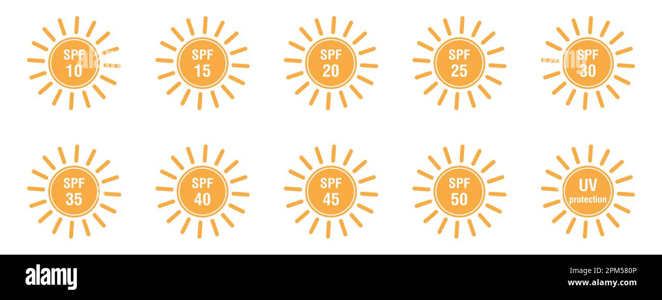 Set of flat SPF sun protection icons isolated on white background ...