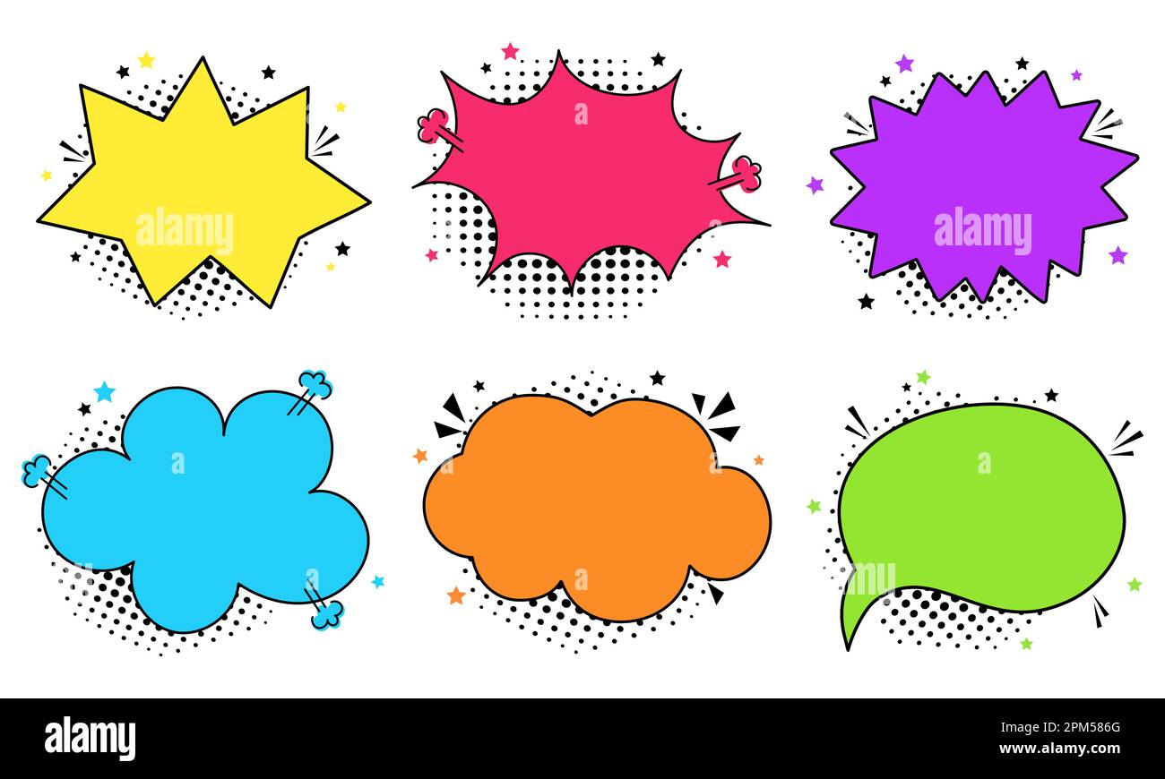Collection colorful of empty comic speech bubbles with halftone shadows ...