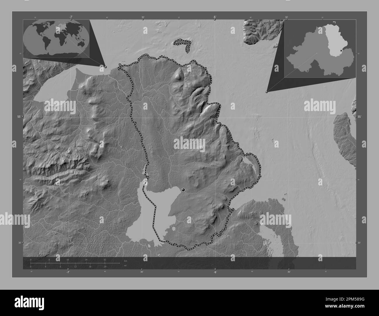 Antrim, region of Northern Ireland. Bilevel elevation map with lakes ...