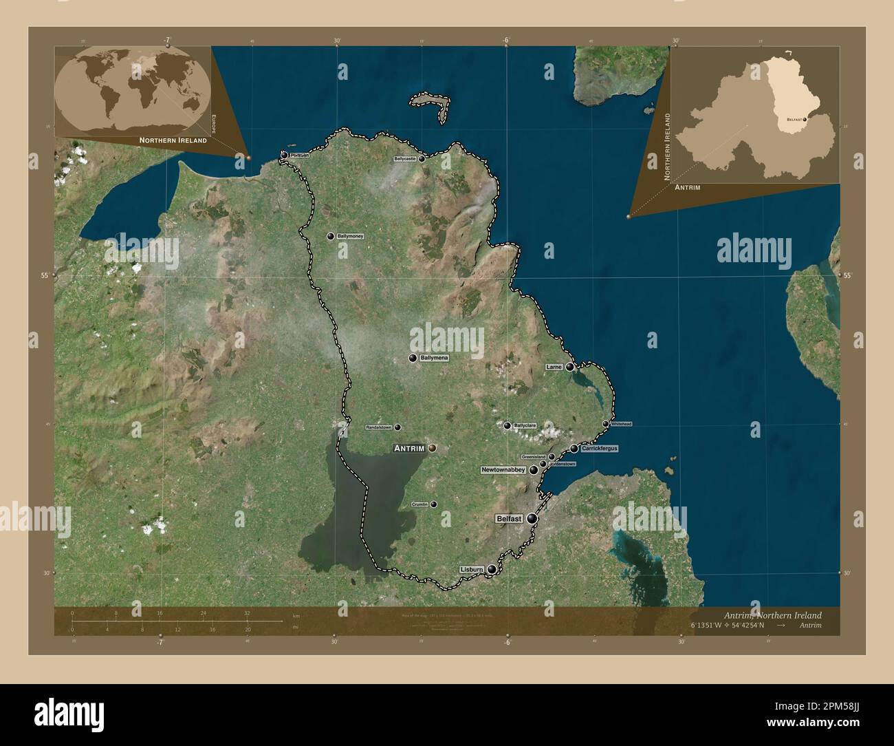 Antrim, region of Northern Ireland. Low resolution satellite map ...