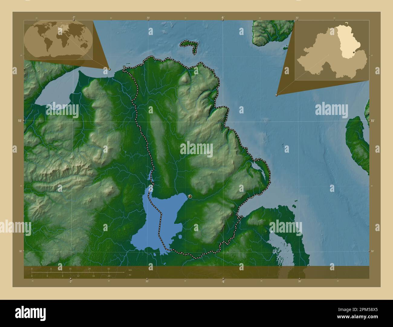 Antrim, region of Northern Ireland. Colored elevation map with lakes ...