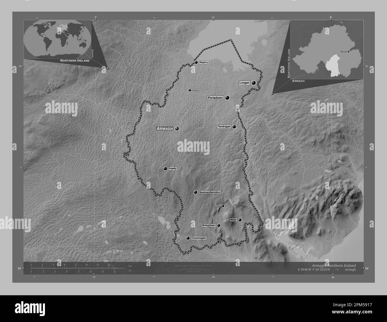 Armagh, region of Northern Ireland. Grayscale elevation map with lakes ...