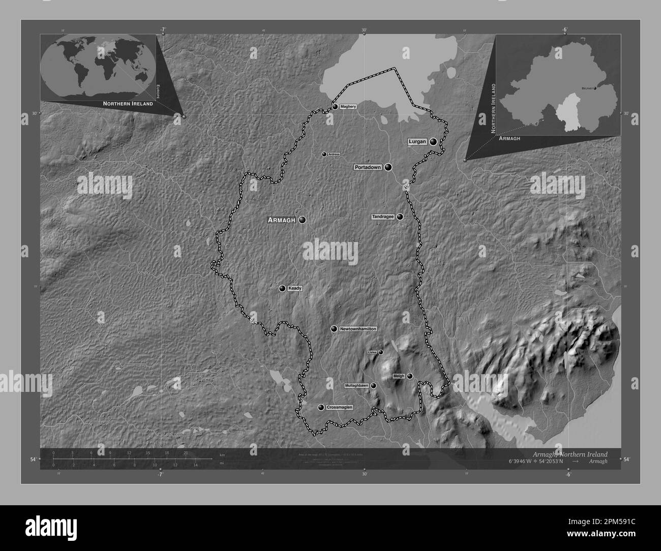 Armagh, region of Northern Ireland. Bilevel elevation map with lakes ...