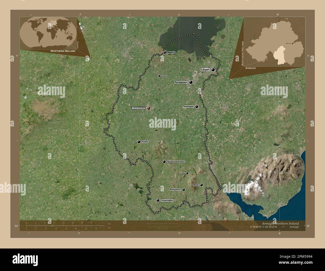 Armagh, region of Northern Ireland. Low resolution satellite map ...