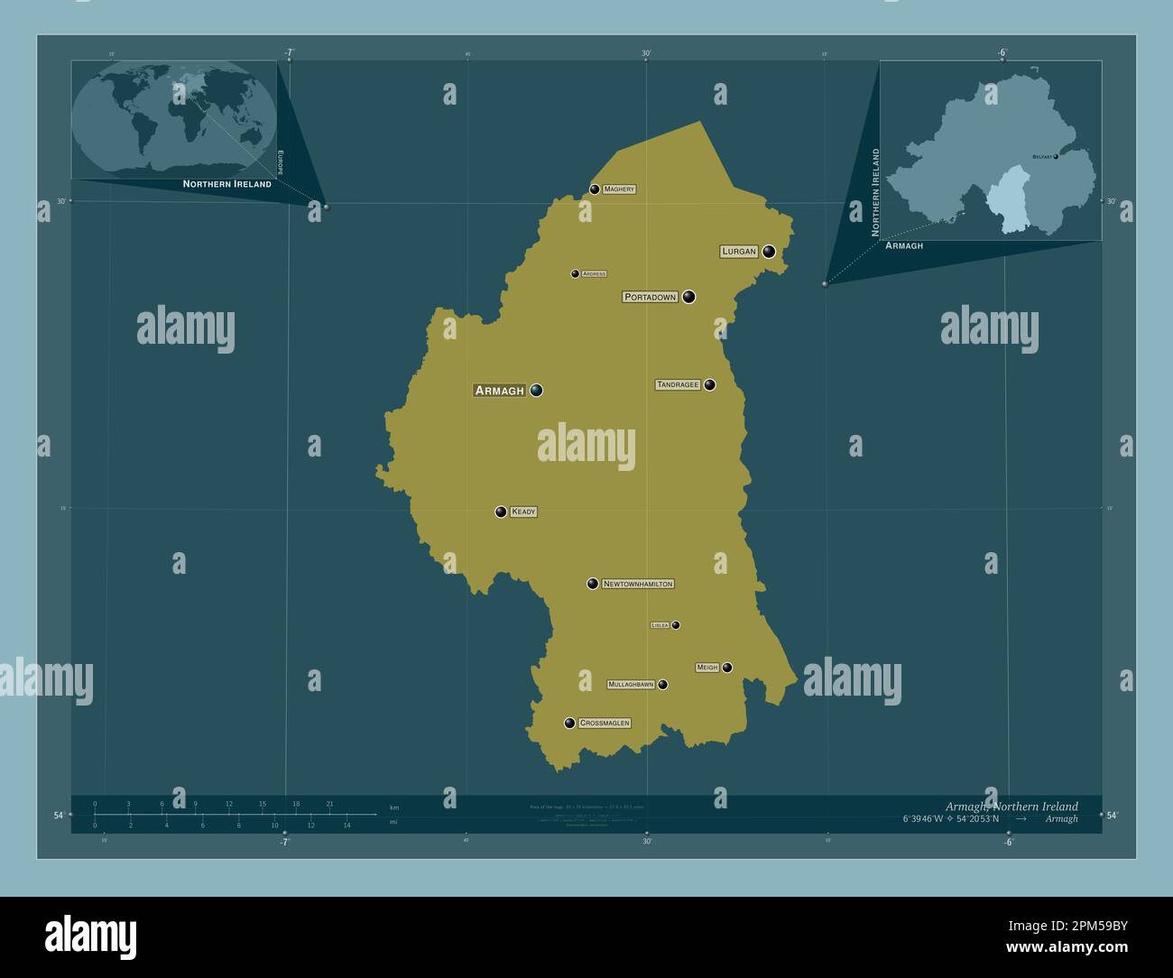 Armagh, region of Northern Ireland. Solid color shape. Locations and ...