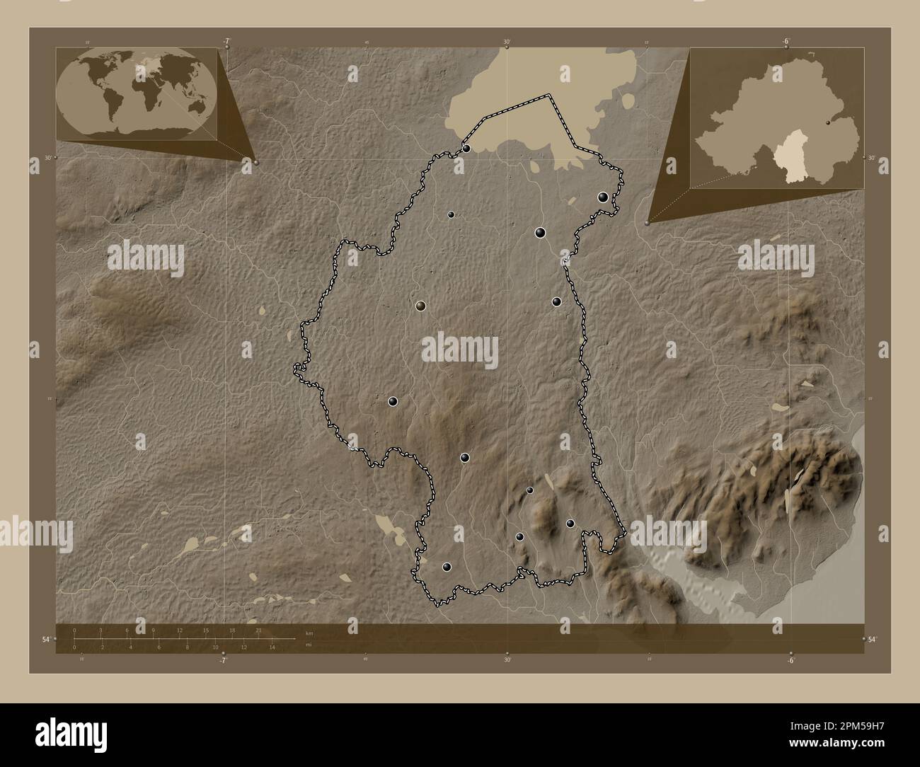 Armagh, region of Northern Ireland. Elevation map colored in sepia ...