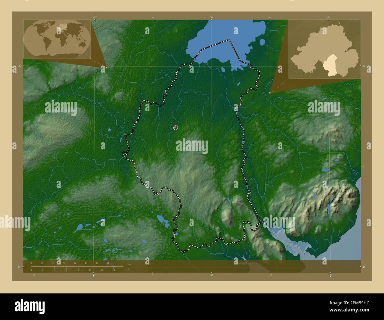 Armagh, region of Northern Ireland. Colored elevation map with lakes ...