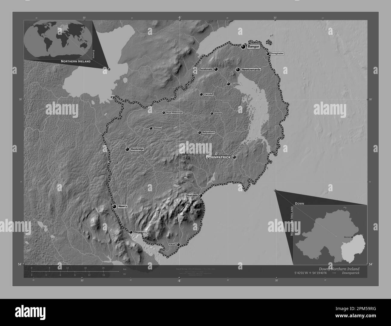 Down, region of Northern Ireland. Bilevel elevation map with lakes and ...