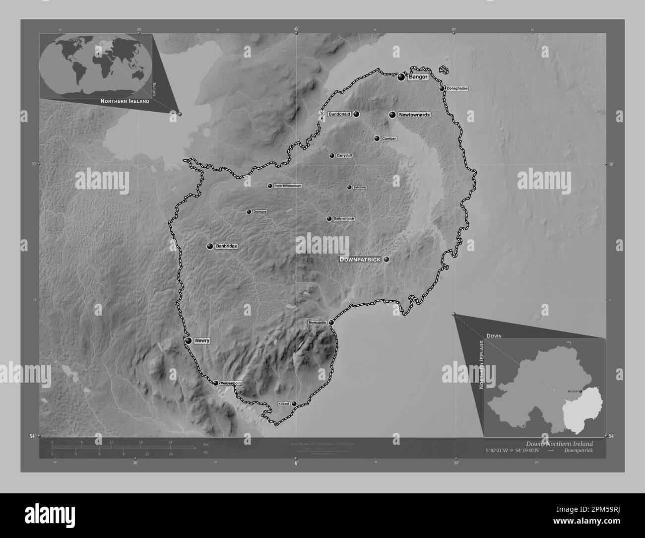 Down, region of Northern Ireland. Grayscale elevation map with lakes ...
