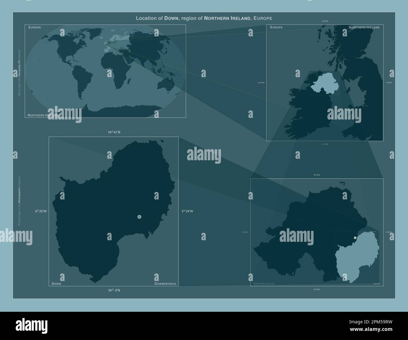 Down, region of Northern Ireland. Diagram showing the location of the ...