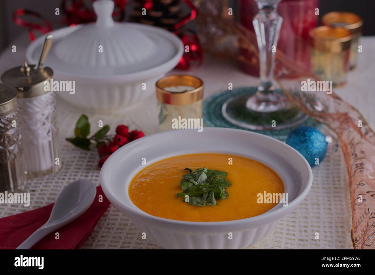 Christmas starter of a bowl of soup Stock Photo - Alamy