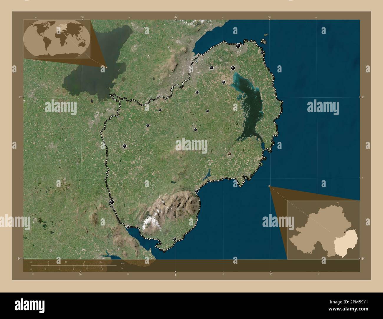 Down, region of Northern Ireland. Low resolution satellite map ...