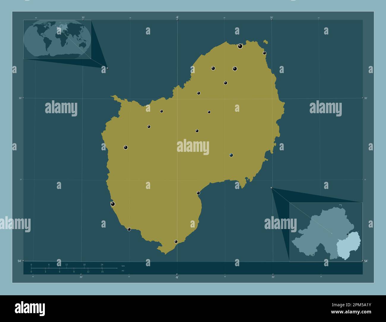 Down, region of Northern Ireland. Solid color shape. Locations of major ...