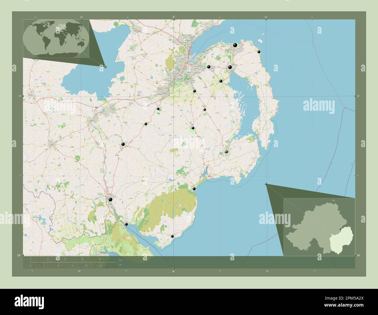 Down, region of Northern Ireland. Open Street Map. Locations of major ...