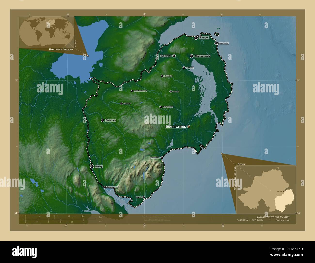Down, region of Northern Ireland. Colored elevation map with lakes and ...
