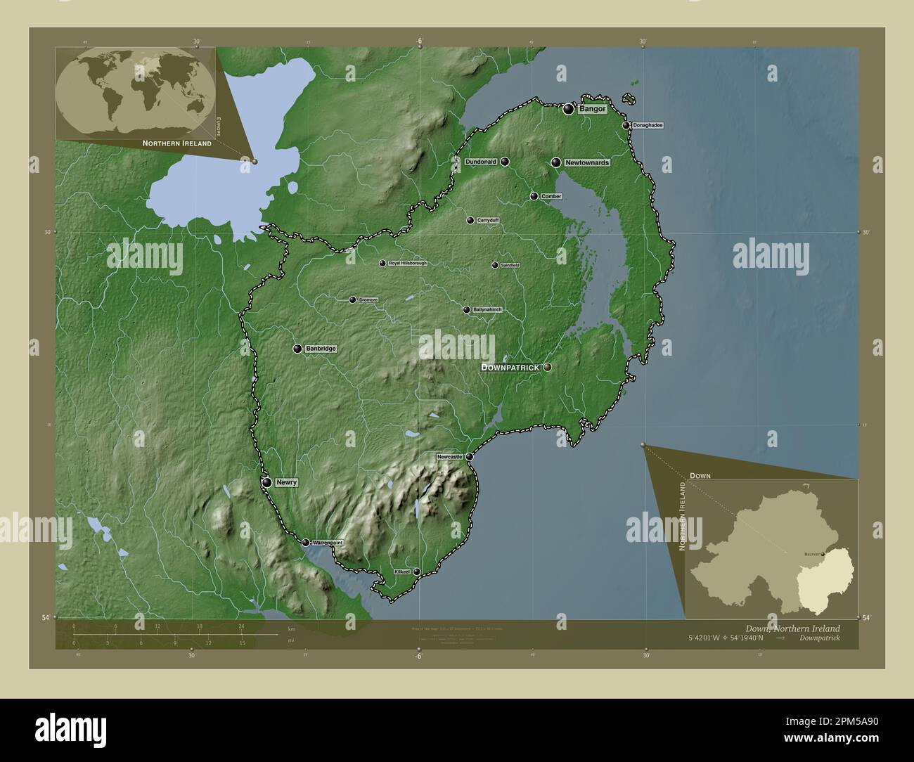 Down, region of Northern Ireland. Elevation map colored in wiki style ...
