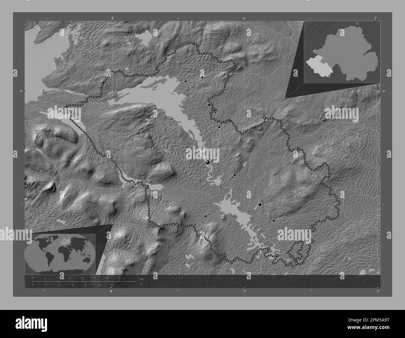 Fermanagh, region of Northern Ireland. Bilevel elevation map with lakes ...
