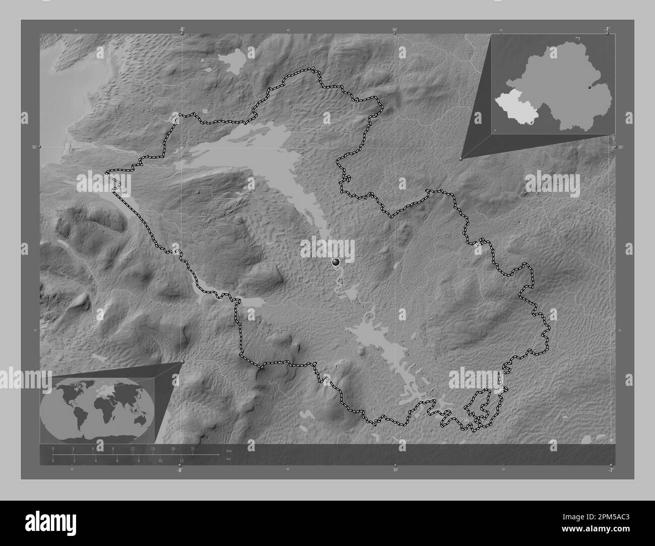 Fermanagh, region of Northern Ireland. Grayscale elevation map with ...
