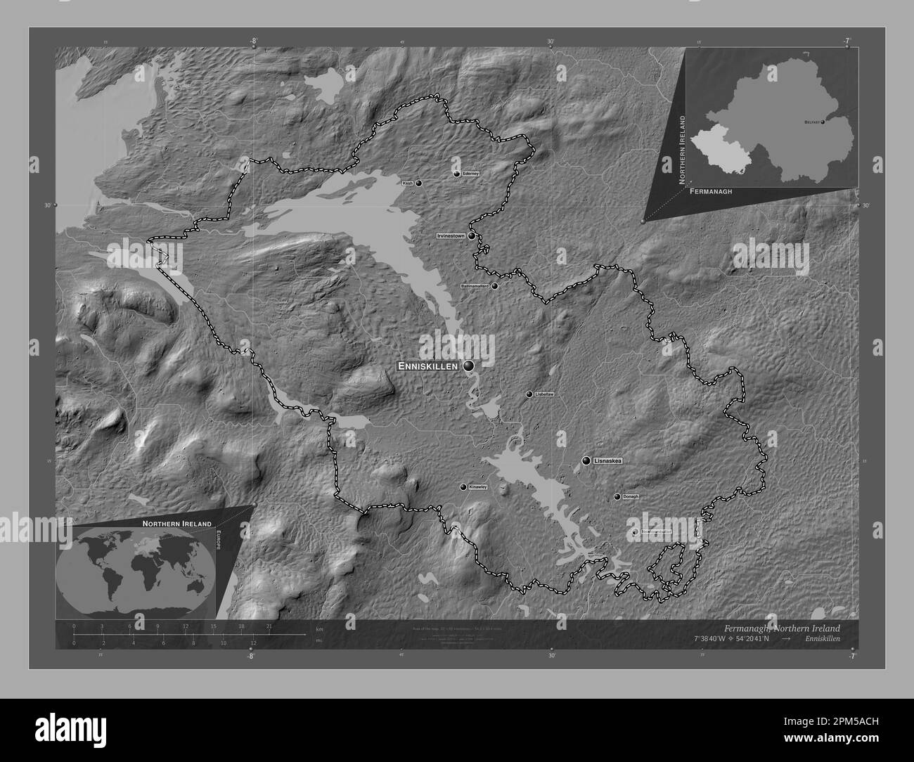Fermanagh, region of Northern Ireland. Bilevel elevation map with lakes ...