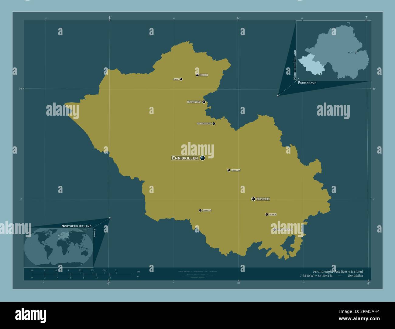 Fermanagh, region of Northern Ireland. Solid color shape. Locations and ...