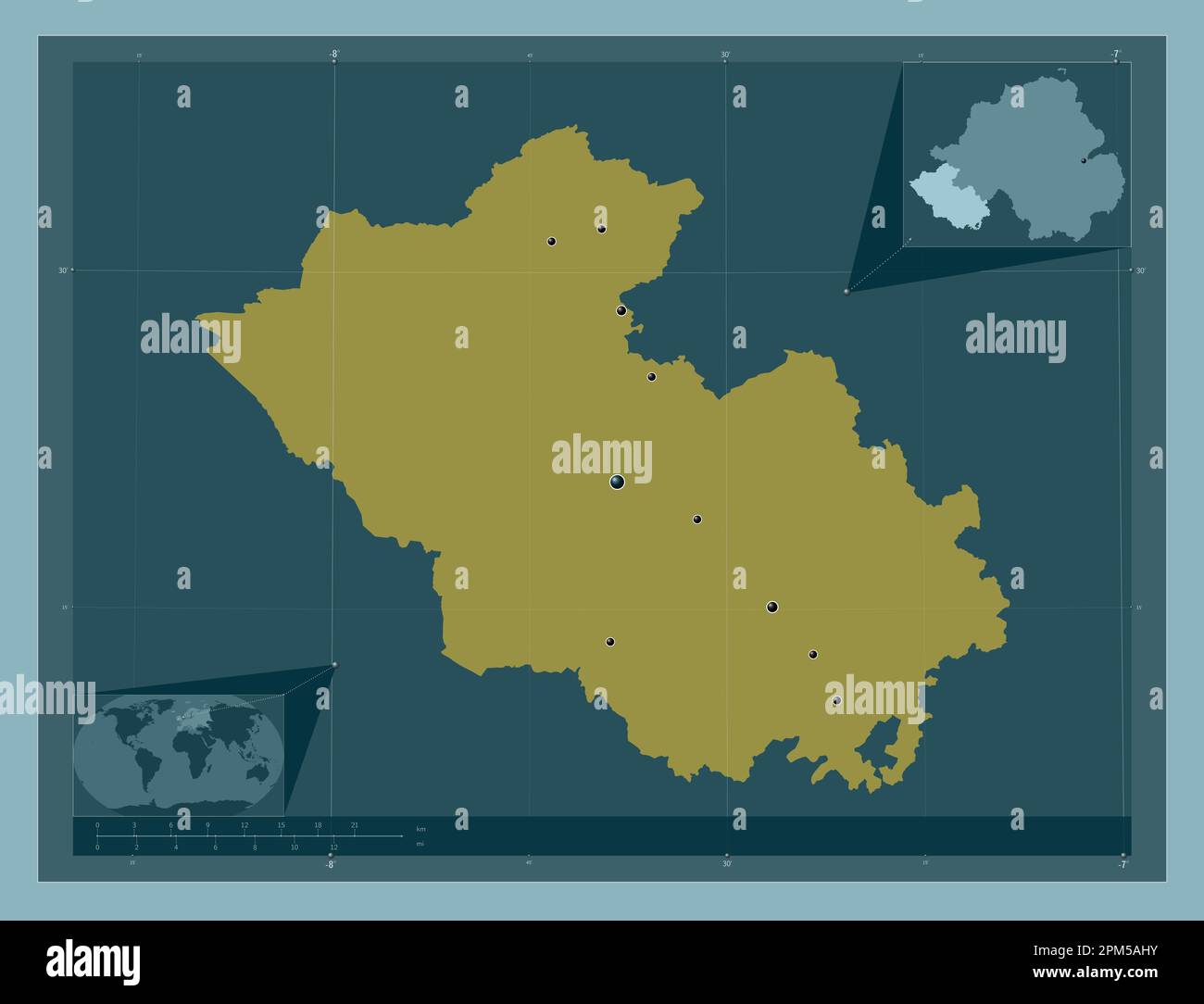 Fermanagh, region of Northern Ireland. Solid color shape. Locations of ...