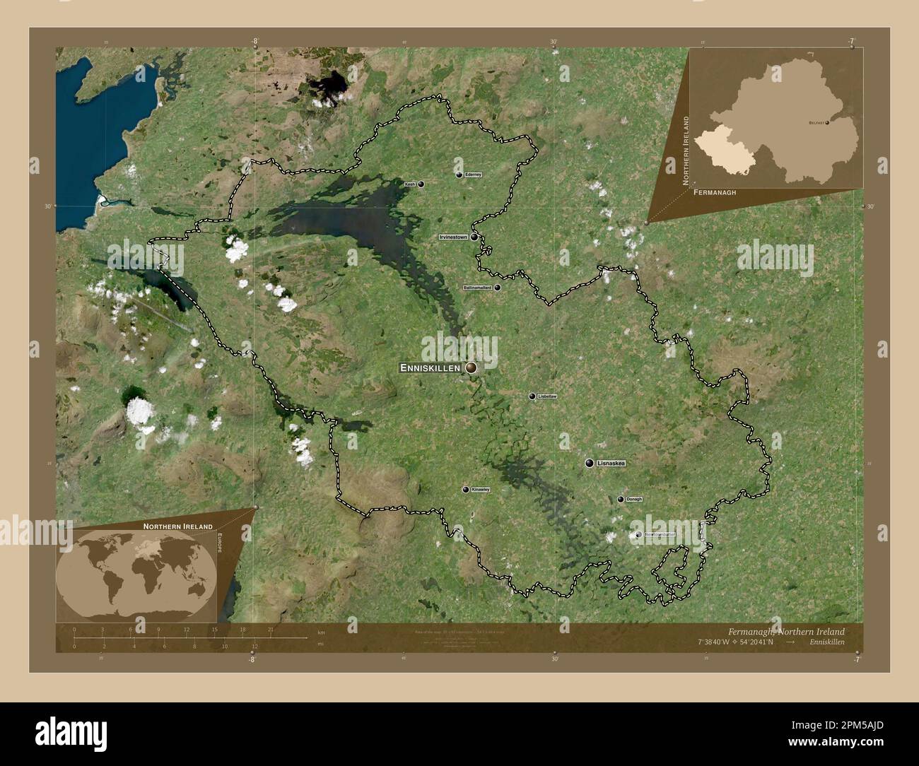 Fermanagh, region of Northern Ireland. Low resolution satellite map ...