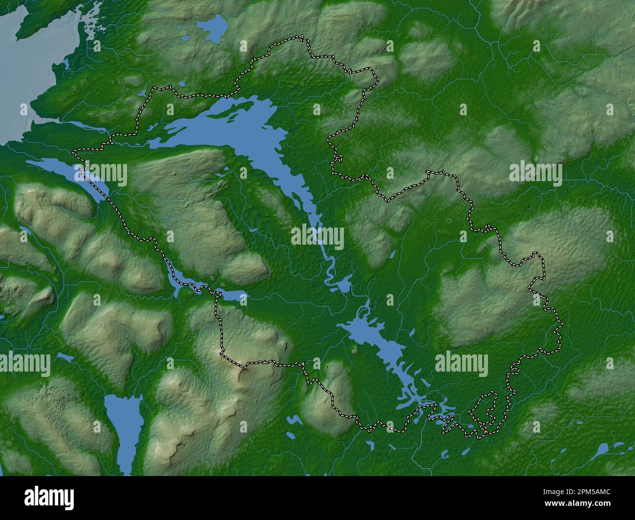 Fermanagh, region of Northern Ireland. Colored elevation map with lakes ...