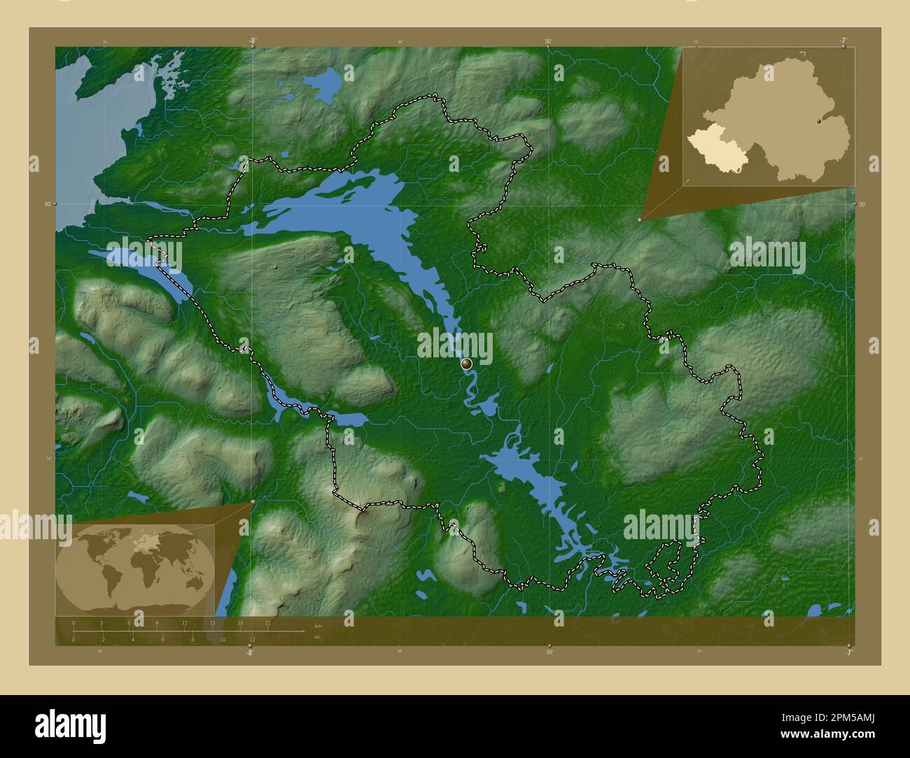 Fermanagh, region of Northern Ireland. Colored elevation map with lakes ...