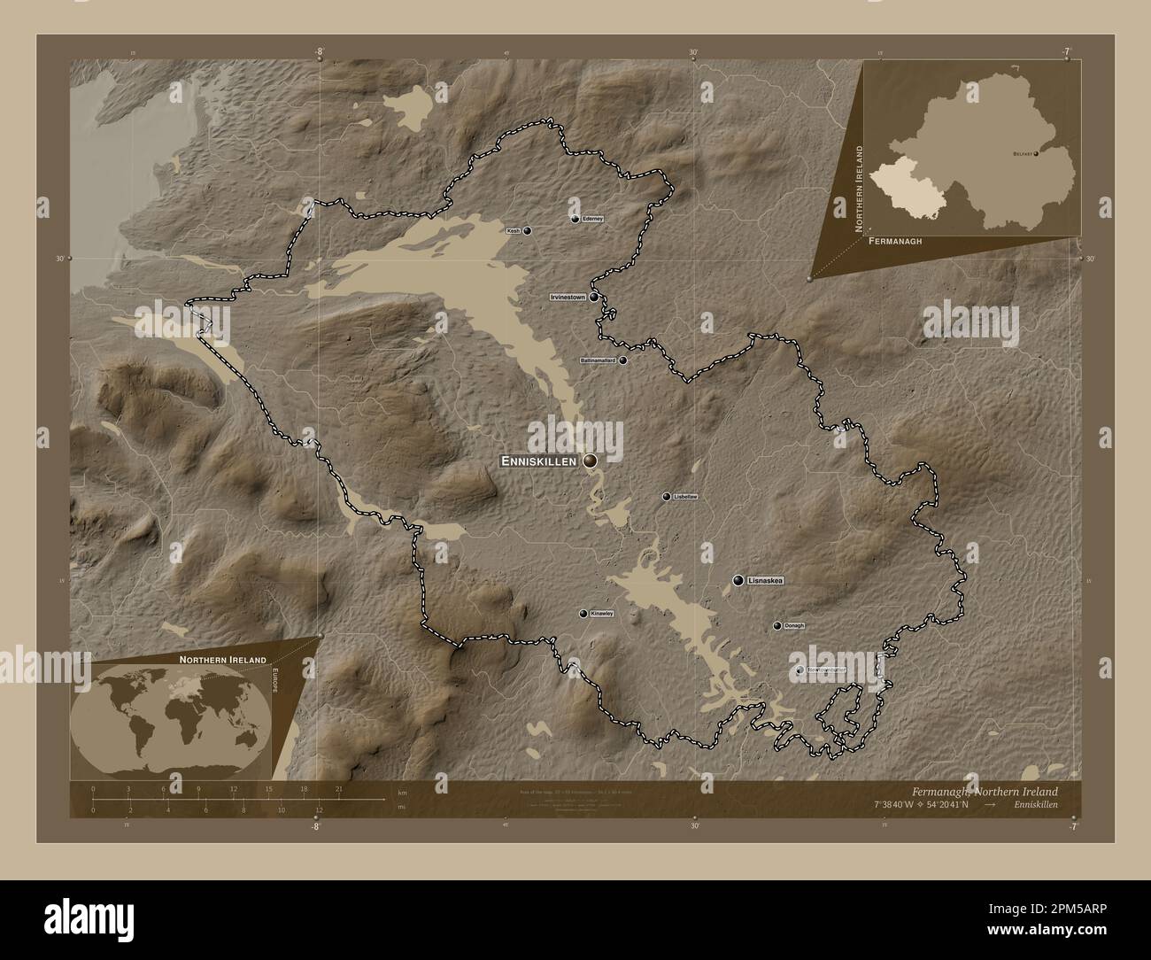 Fermanagh, region of Northern Ireland. Elevation map colored in sepia ...