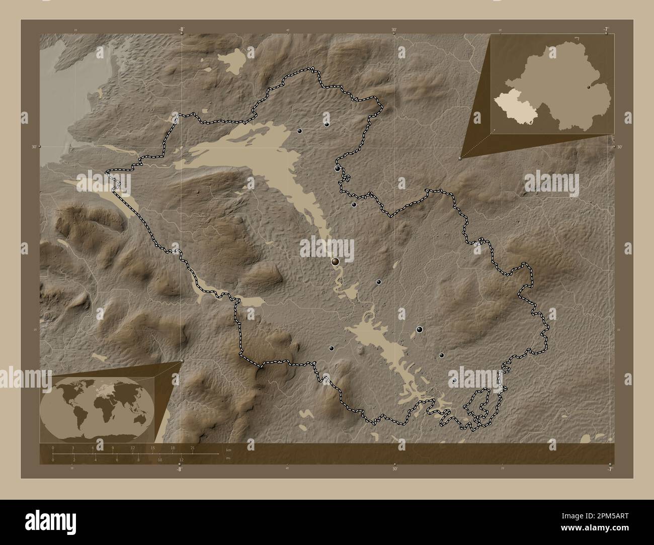 Fermanagh, region of Northern Ireland. Elevation map colored in sepia ...