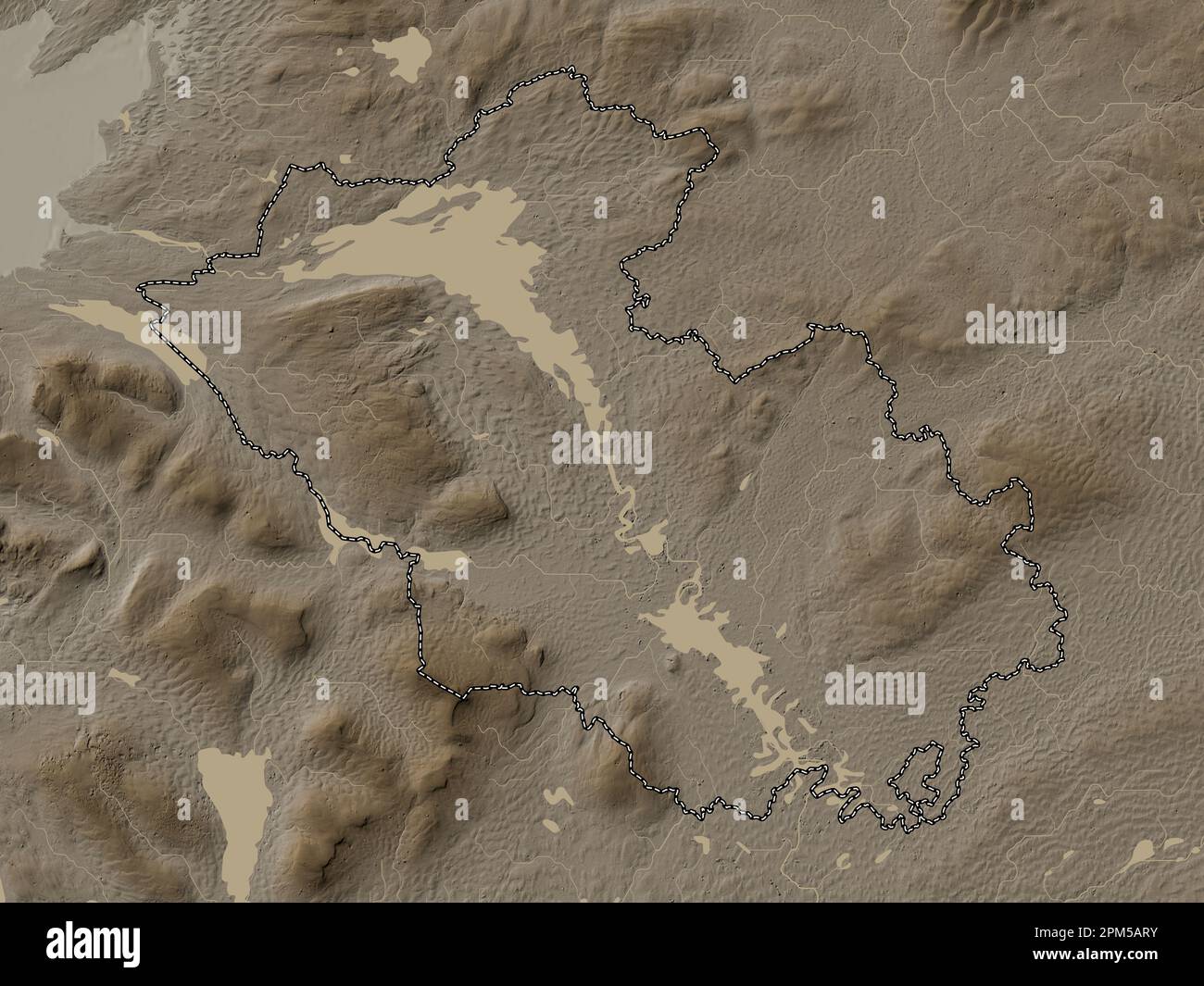 Fermanagh, region of Northern Ireland. Elevation map colored in sepia ...