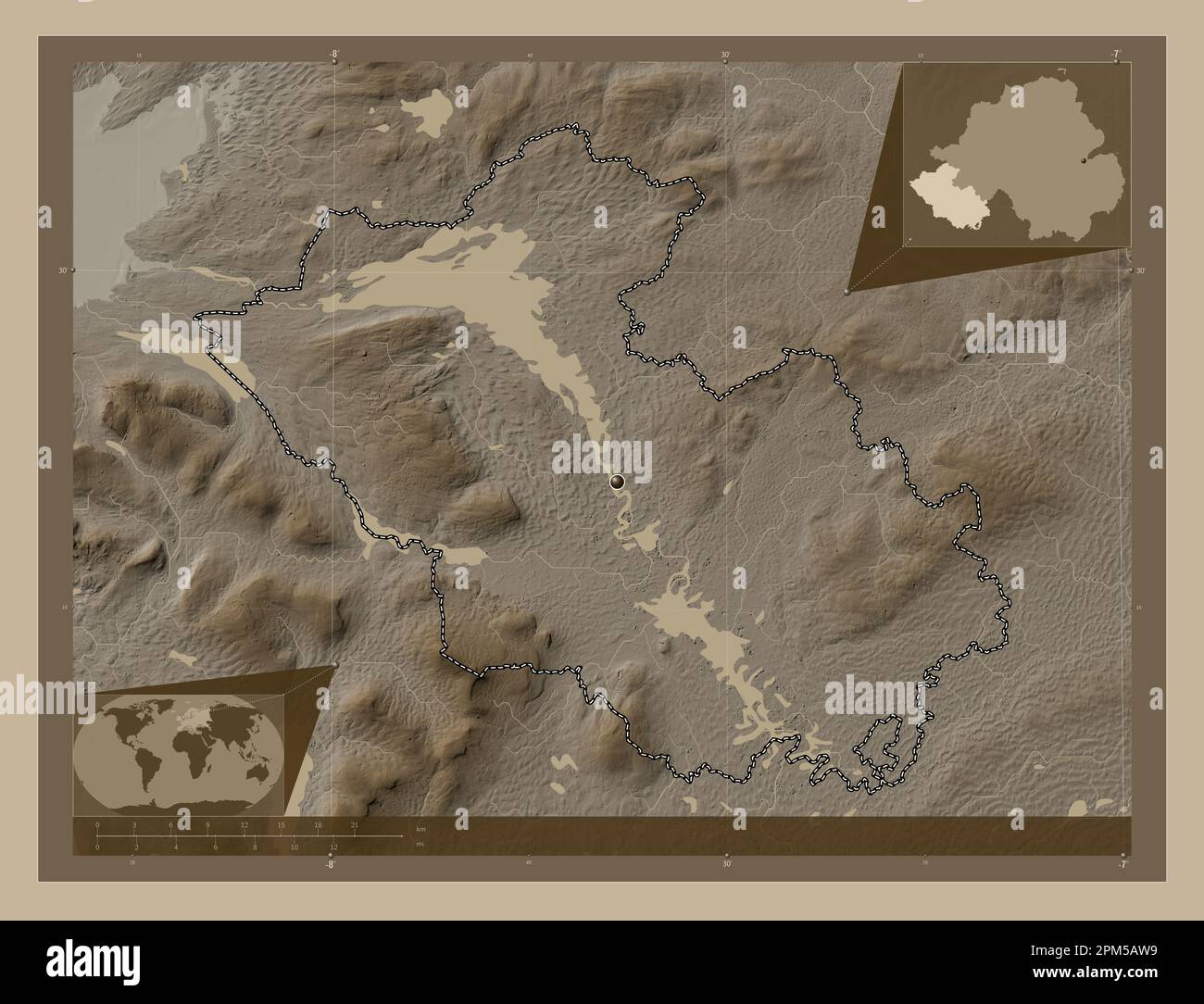 Fermanagh, region of Northern Ireland. Elevation map colored in sepia ...