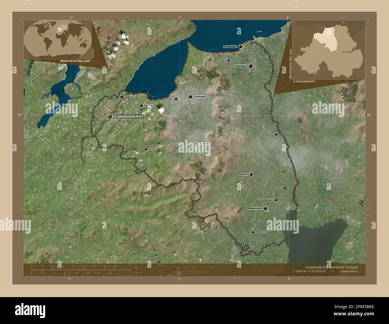 Londonderry, region of Northern Ireland. Low resolution satellite map ...
