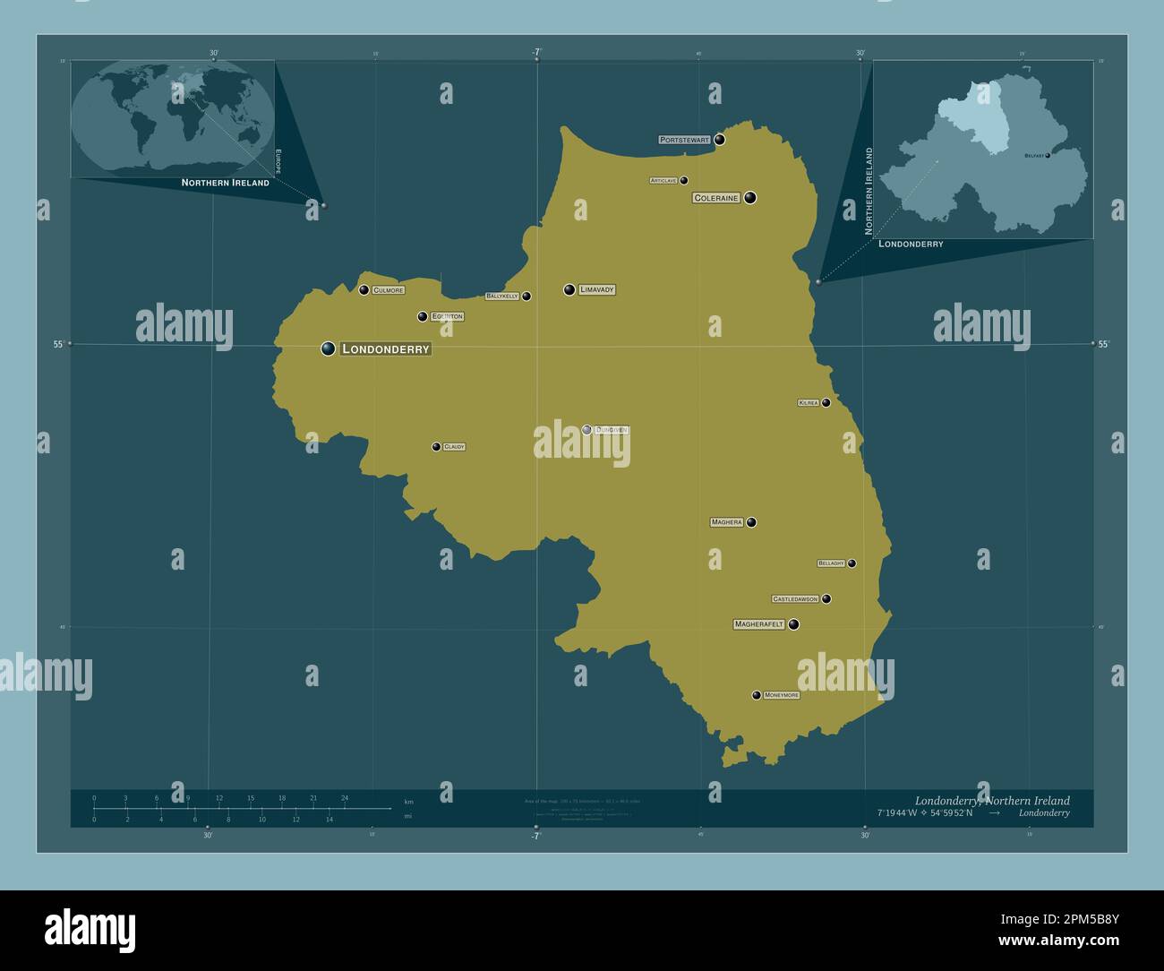 Londonderry, region of Northern Ireland. Solid color shape. Locations ...
