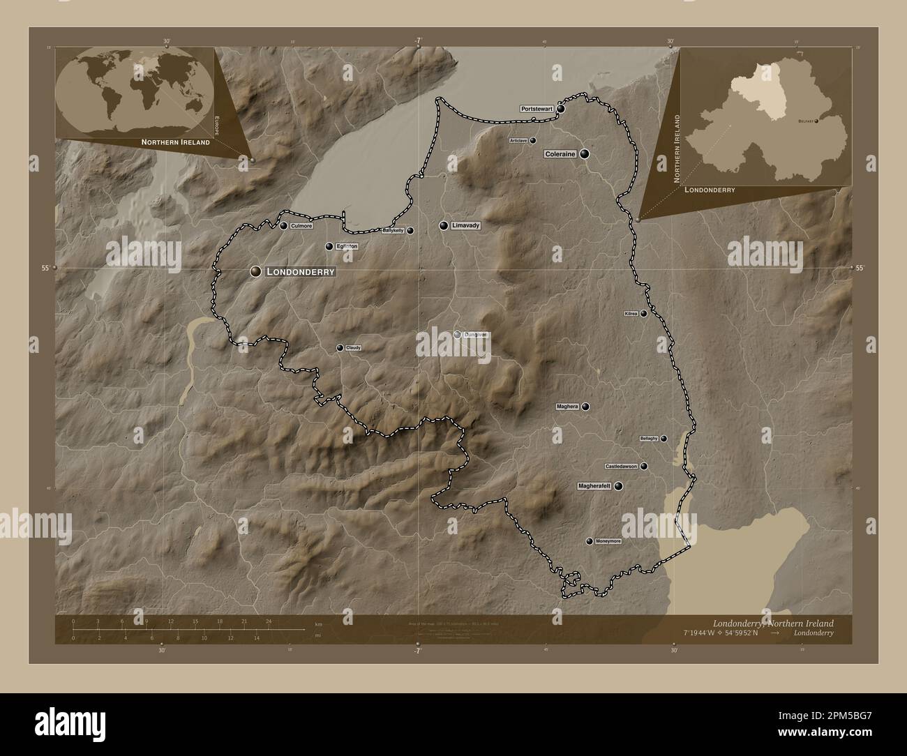 Londonderry, region of Northern Ireland. Elevation map colored in sepia ...
