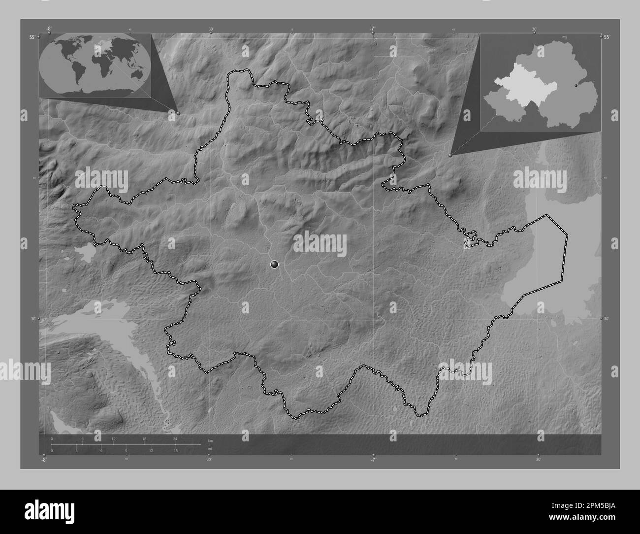 Tyrone, region of Northern Ireland. Grayscale elevation map with lakes ...