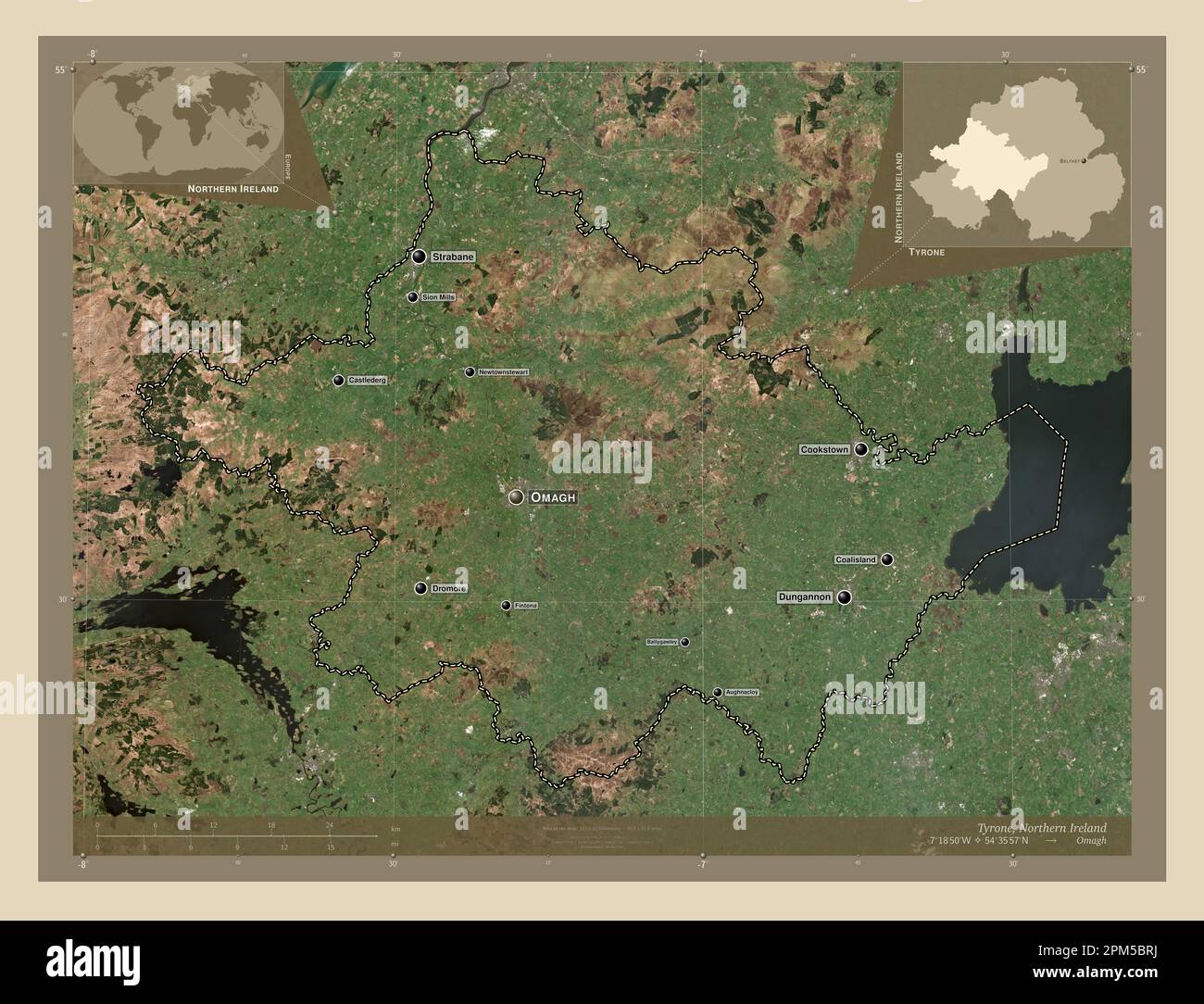 Tyrone, region of Northern Ireland. High resolution satellite map ...