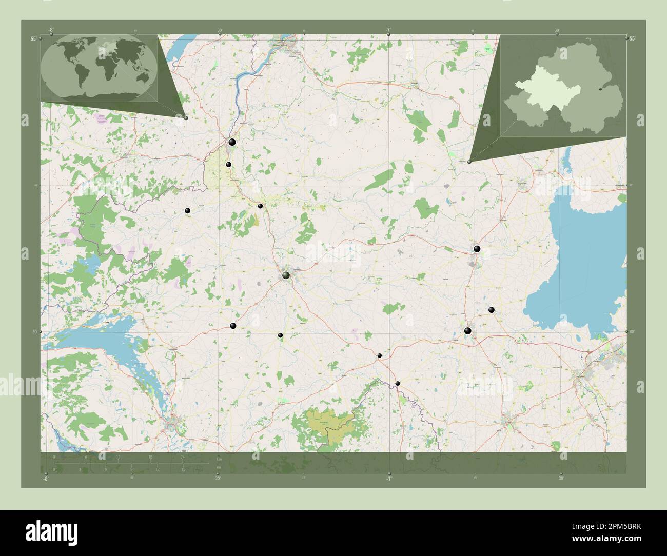 Tyrone, region of Northern Ireland. Open Street Map. Locations of major ...