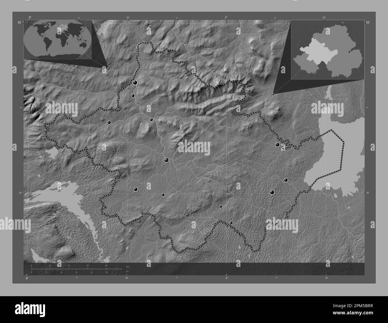 Tyrone, region of Northern Ireland. Bilevel elevation map with lakes ...