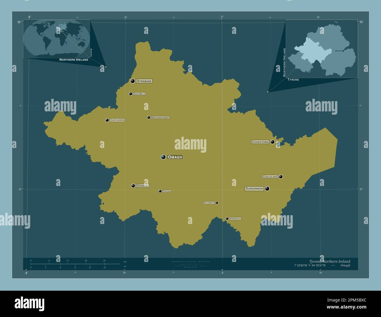 Tyrone, region of Northern Ireland. Solid color shape. Locations and ...