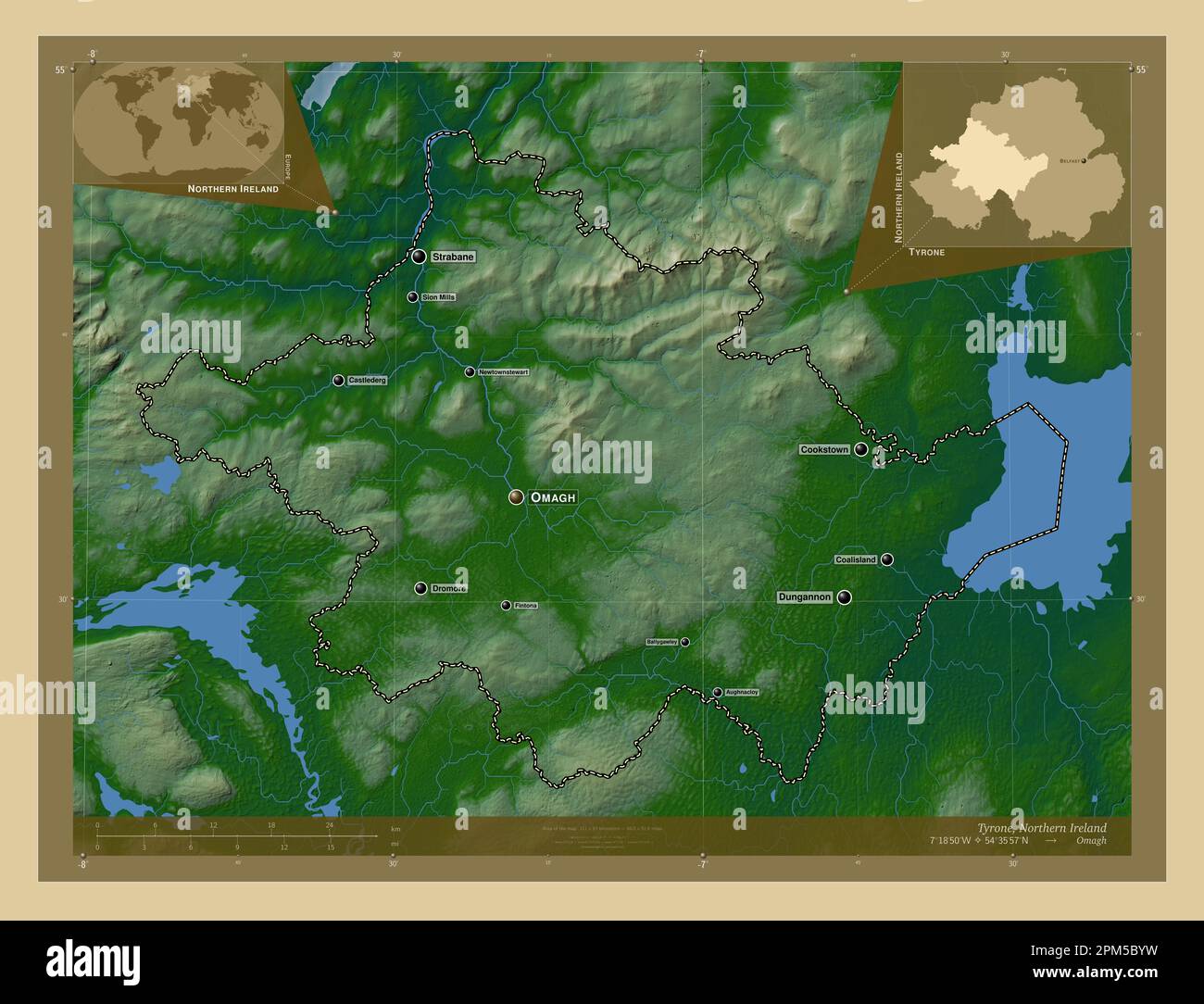 Tyrone, region of Northern Ireland. Colored elevation map with lakes ...