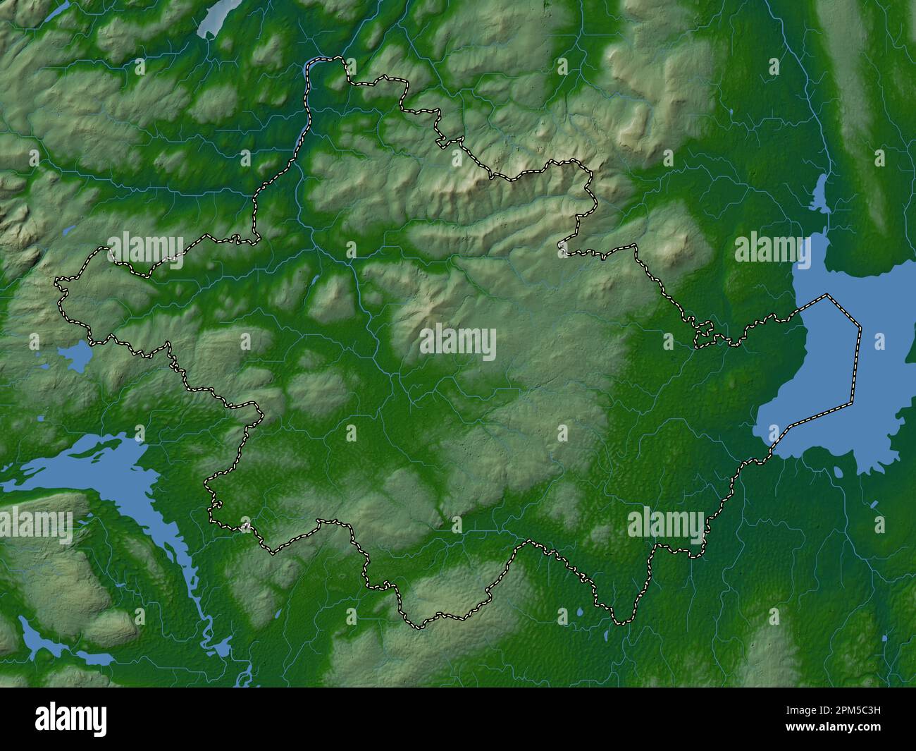 Tyrone, region of Northern Ireland. Colored elevation map with lakes ...