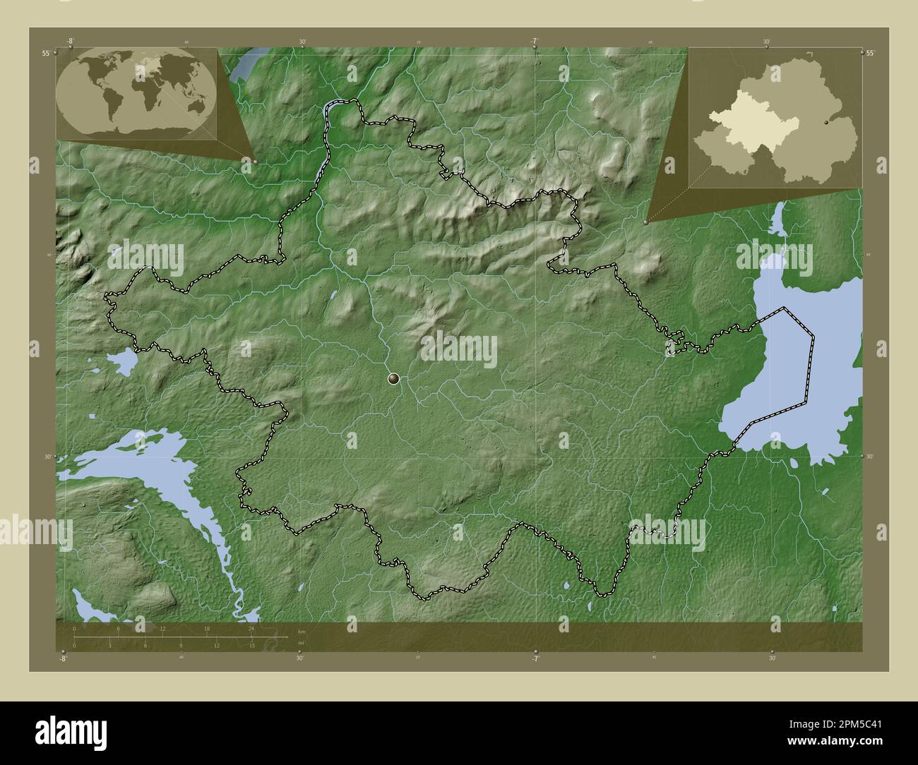 Tyrone, region of Northern Ireland. Elevation map colored in wiki style ...
