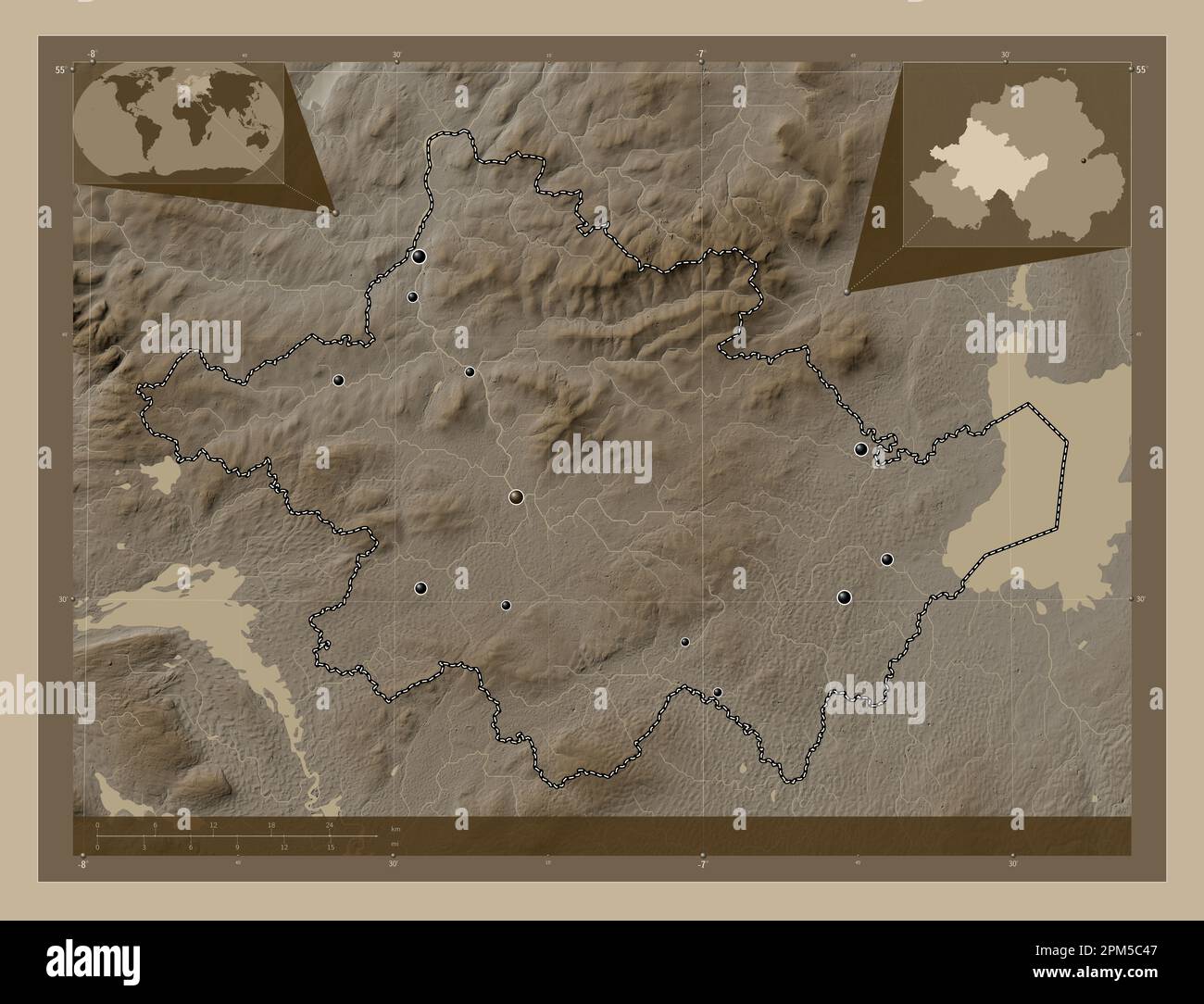 Tyrone, region of Northern Ireland. Elevation map colored in sepia ...