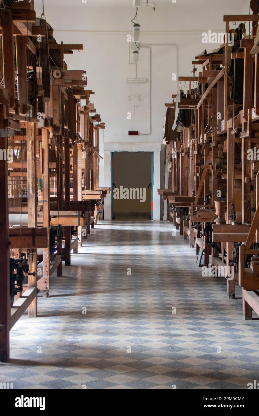 old looms in the textile laboratory of a school for blind kids in ...