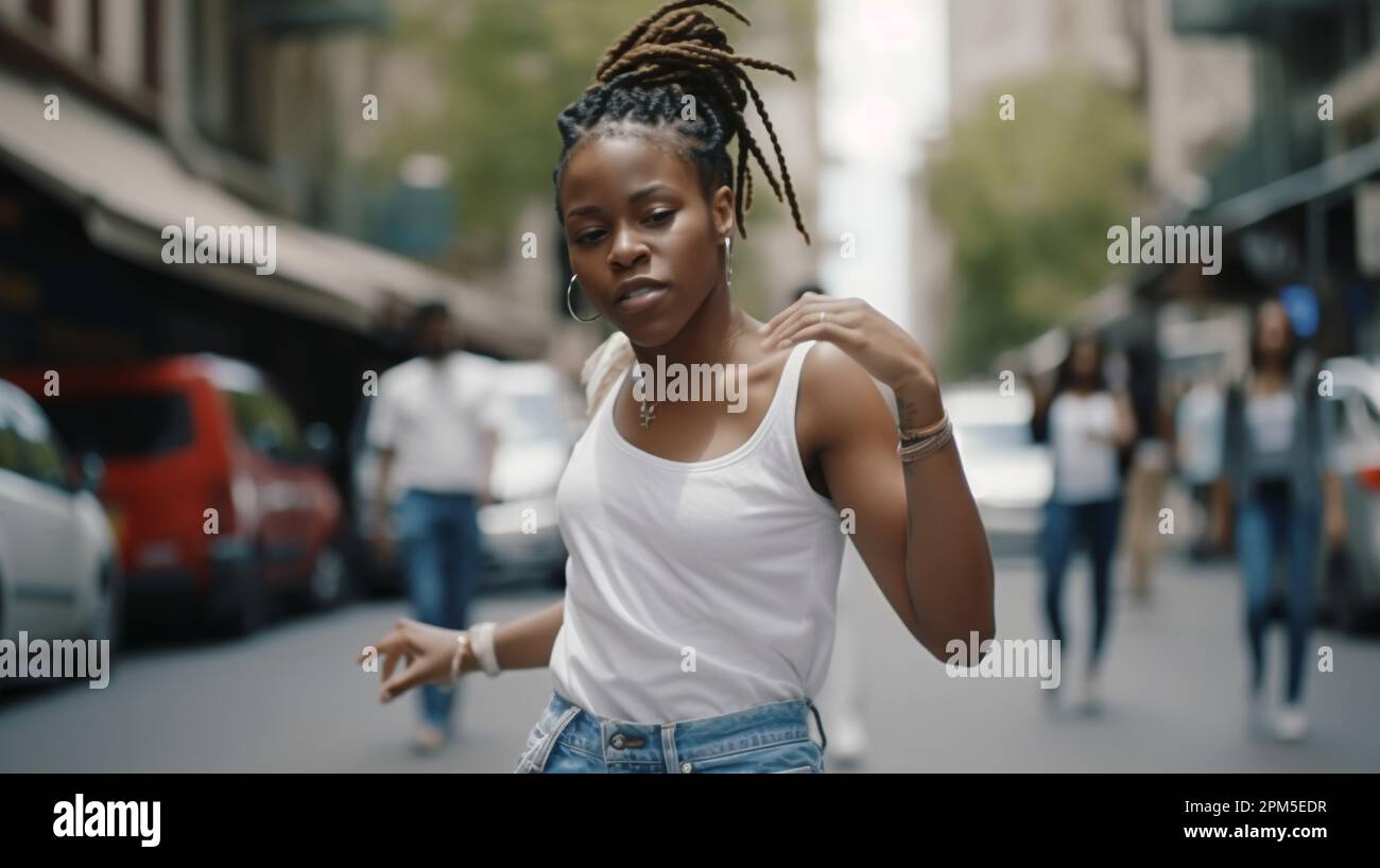 Afro female dancing in middle of the street Stock Photo - Alamy