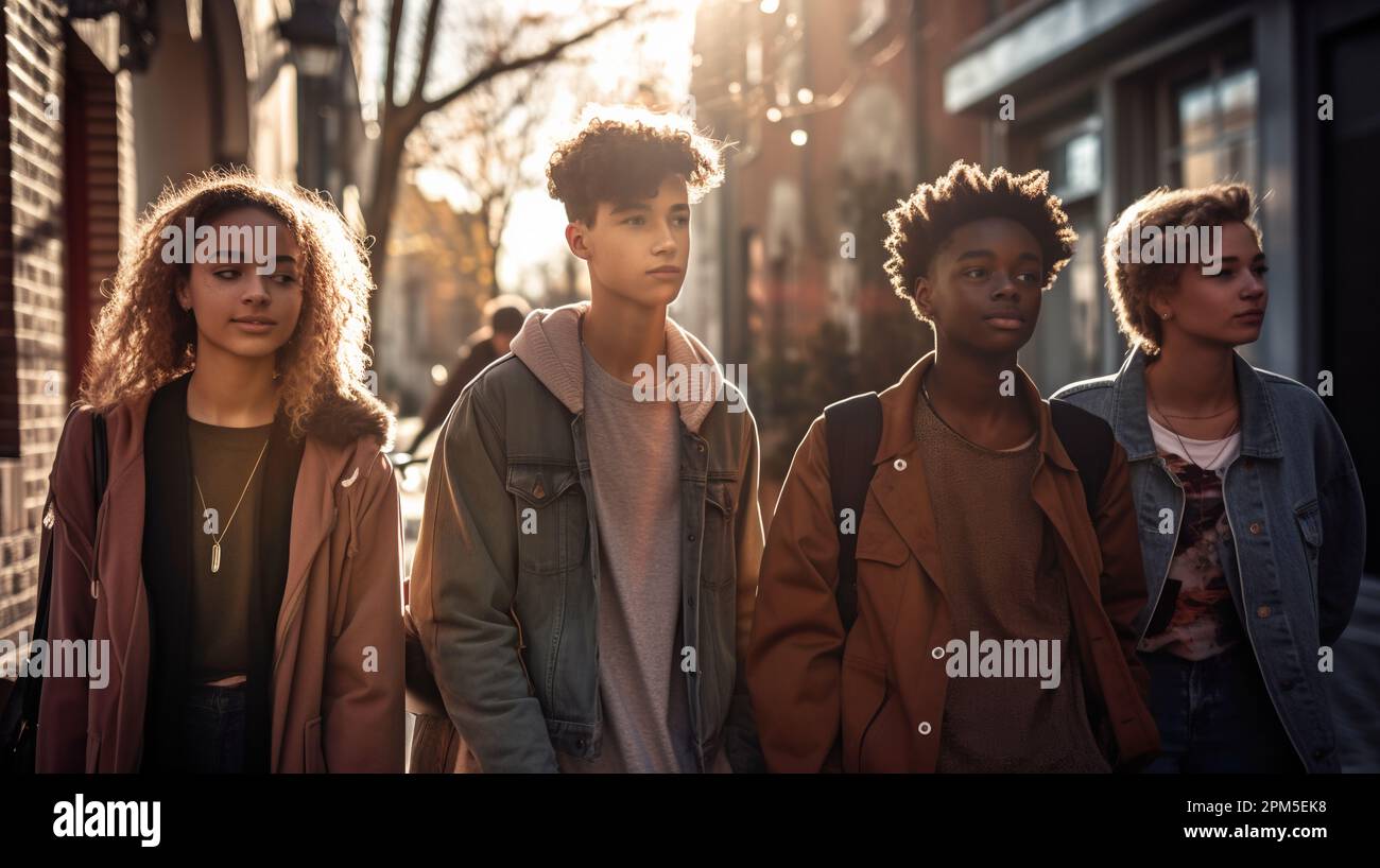 Multi-ethnic group of teenagers on their way to high school Stock Photo ...